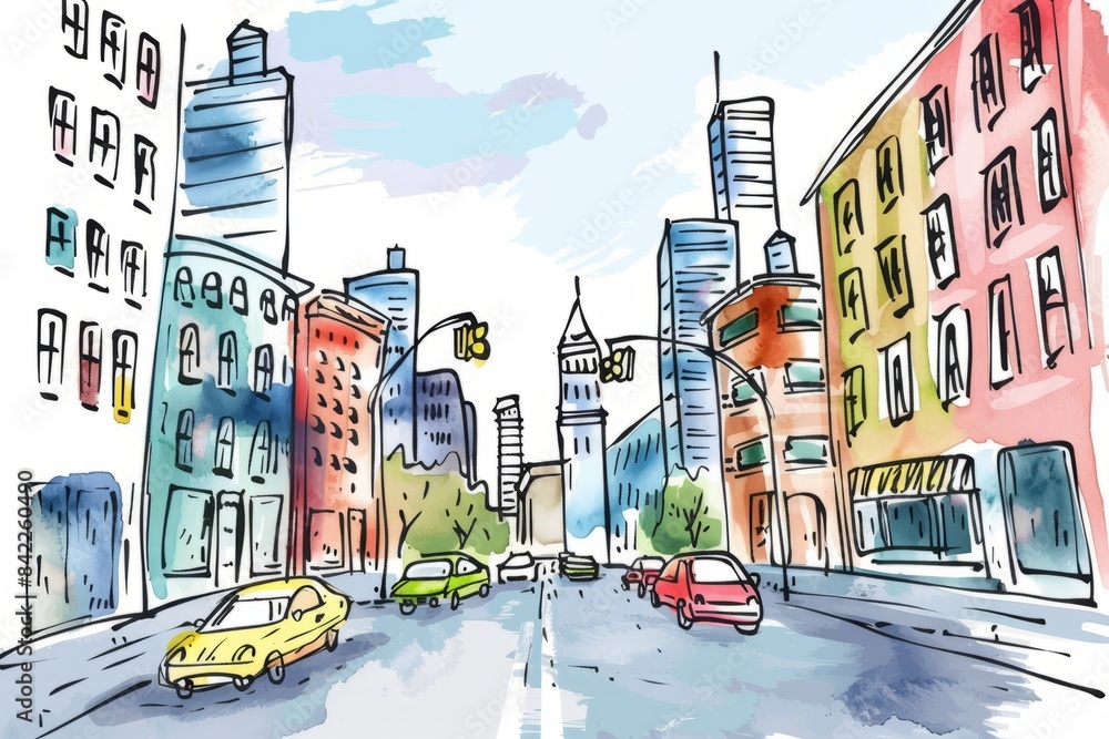 Cartoon cute doodles of a busy city street with watercolor buildings ...