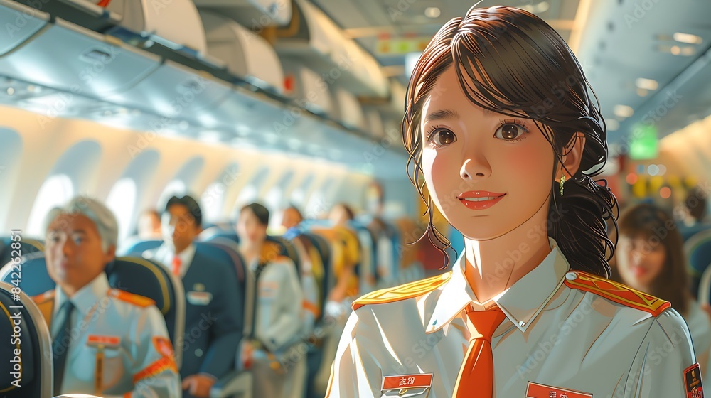 Anime Cabin Crew members assisting passengers cheerful expressions and ...