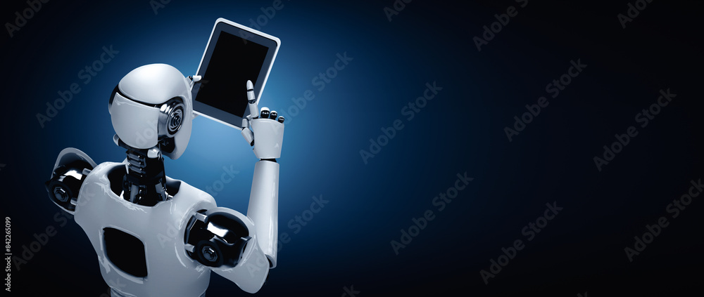 MLP 3d illustration Robot humanoid using tablet computer in future ...