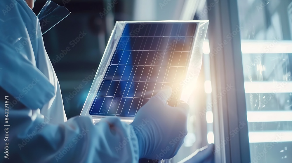 Engineers hold solar panels sample for testing efficiency of solar cell ...