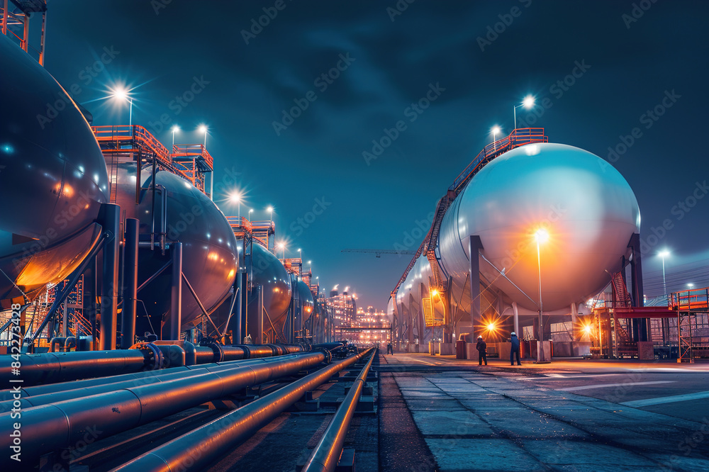 LNG plant, night, illuminated facilities, storage tanks, pipes ...