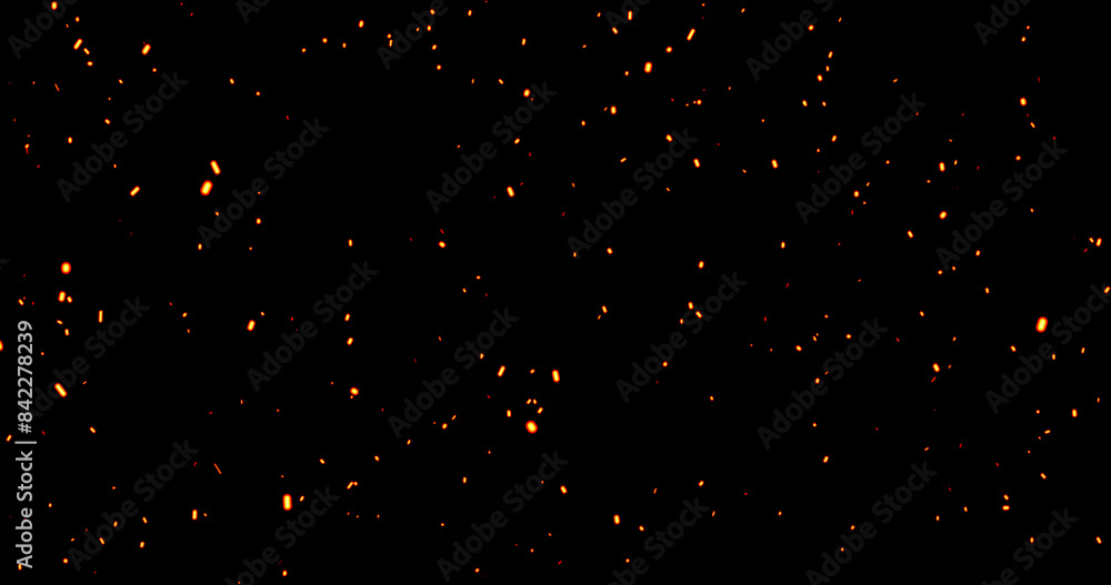 Realistic surreal ember fire dust slowing rising up on black bg. Grunge ...