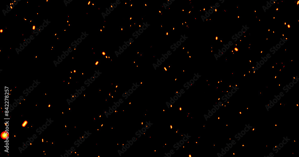 Realistic surreal ember fire dust slowing rising up on black bg. Grunge ...