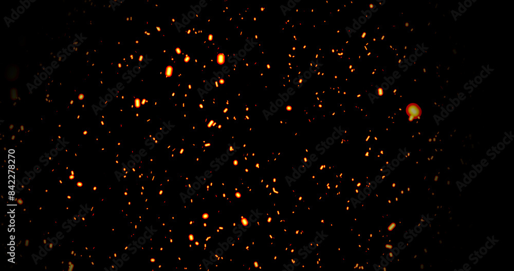 Realistic surreal ember fire dust slowing rising up on black bg. Grunge ...