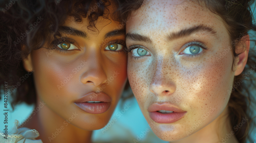 Close-up shot of two models, one dark-skinned woman and one white woman ...