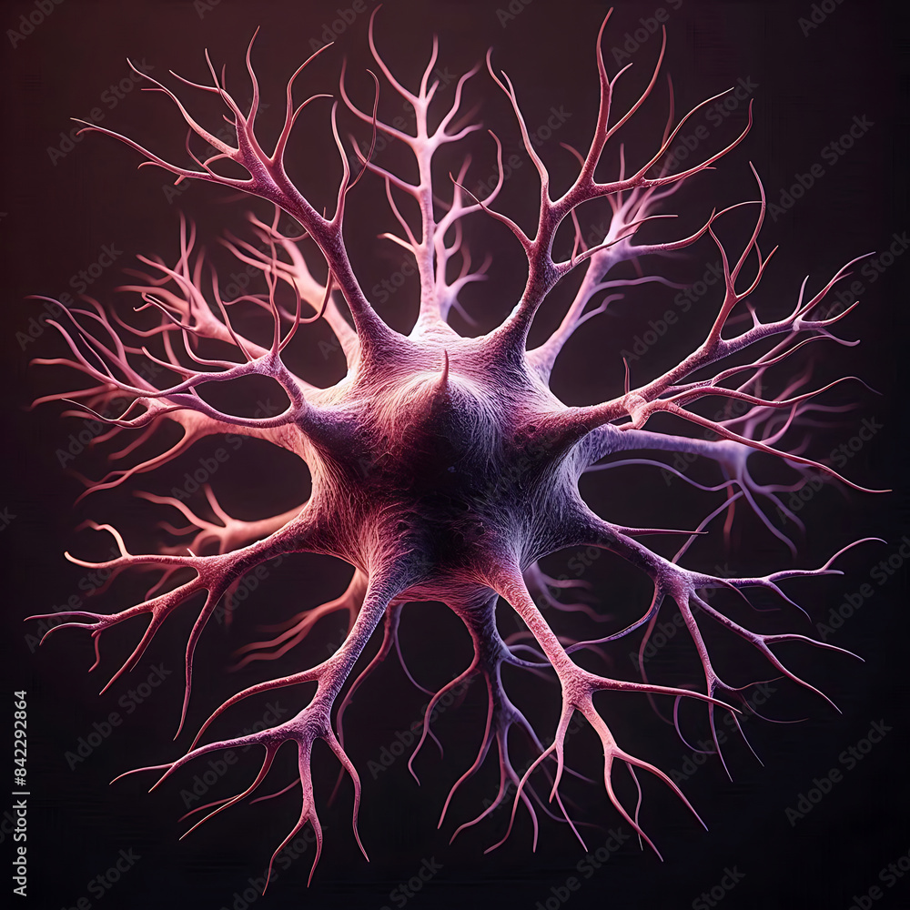 Digital rendering of a neuron cell with numerous dendrites protruding ...