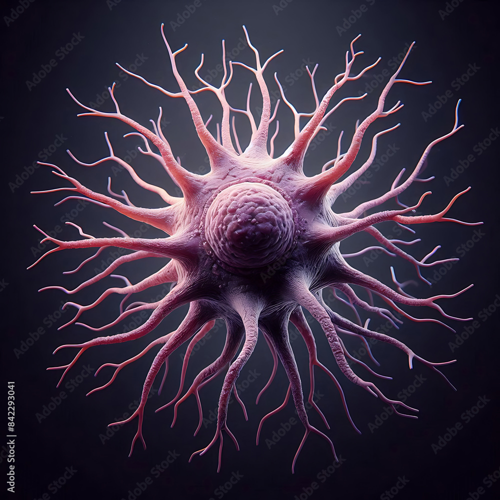 Digital rendering of a neuron cell with numerous dendrites protruding ...