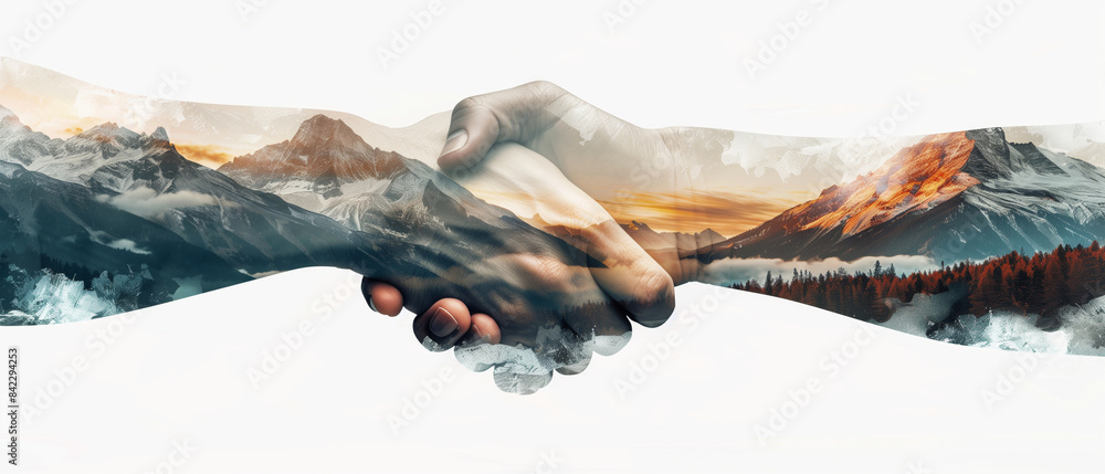 Surreal handshake blending with mountains, representing connection ...