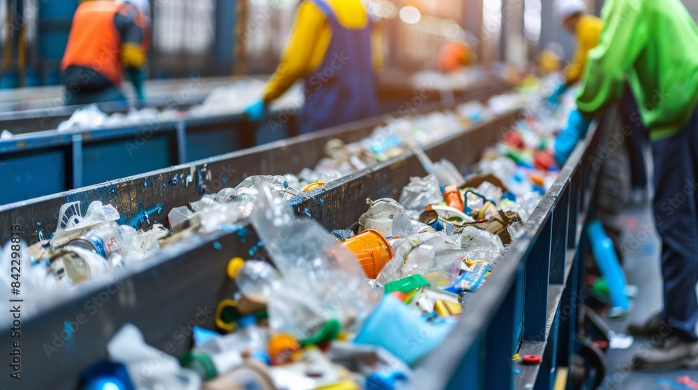 Workers sorting recyclable materials on a conveyor belt in a recycling ...