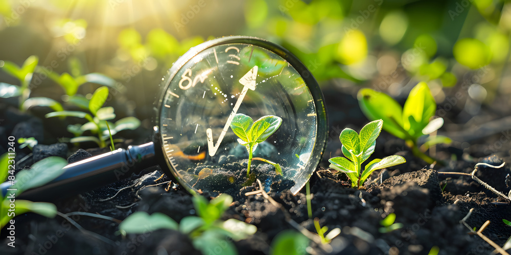 Magnifying glass focuses on CO2 CO2-reducing icon with an up arrow for ...