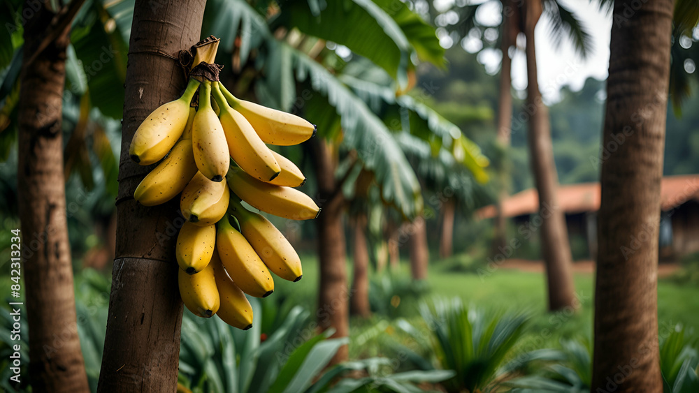 Fresh bananas hanging on a banana tree in a rural area, showcasing ...