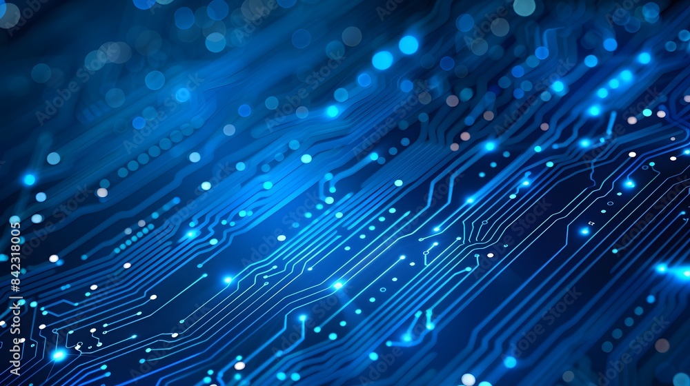 blue digital technology background with a circuit board and data flow ...