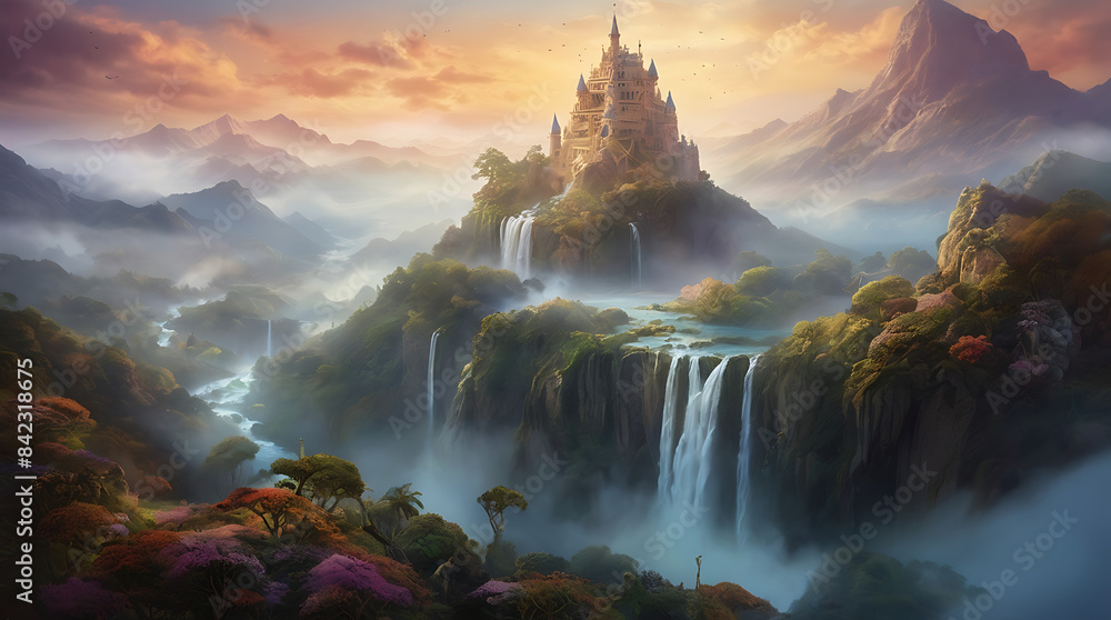 A mist-shrouded, ethereal floating island emerges from the clouds, its ...