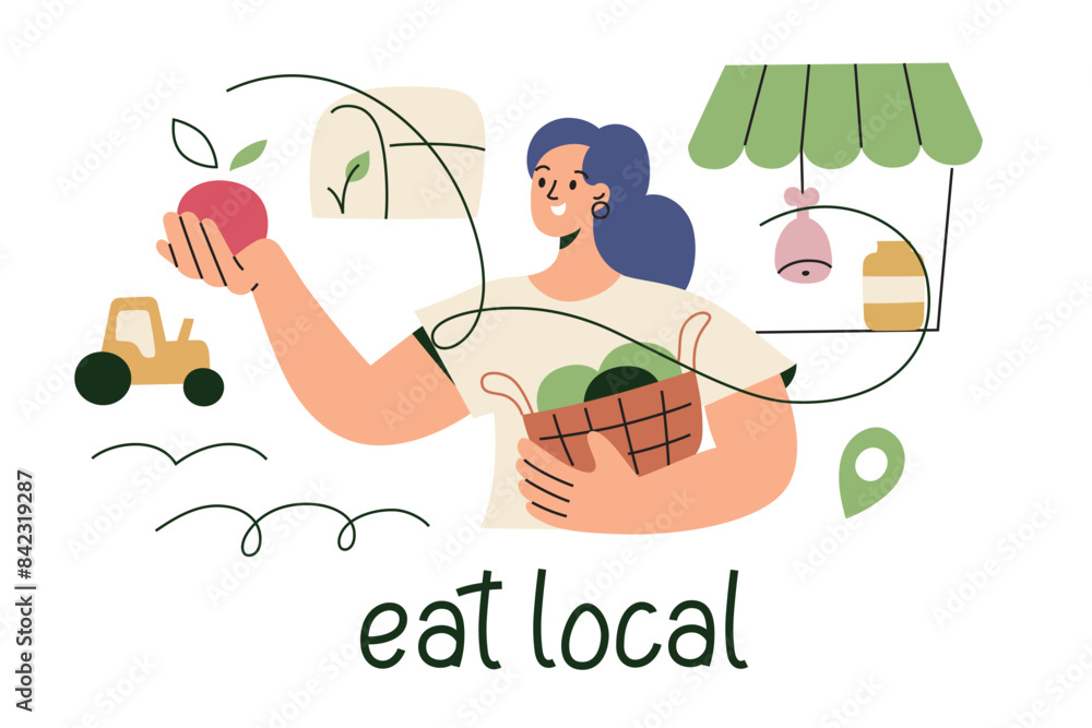 Vector illustration of a woman promoting eating local food. Holding ...