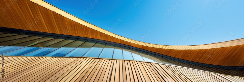 Golden curved wood facade detail on modern building, with blue sky ...