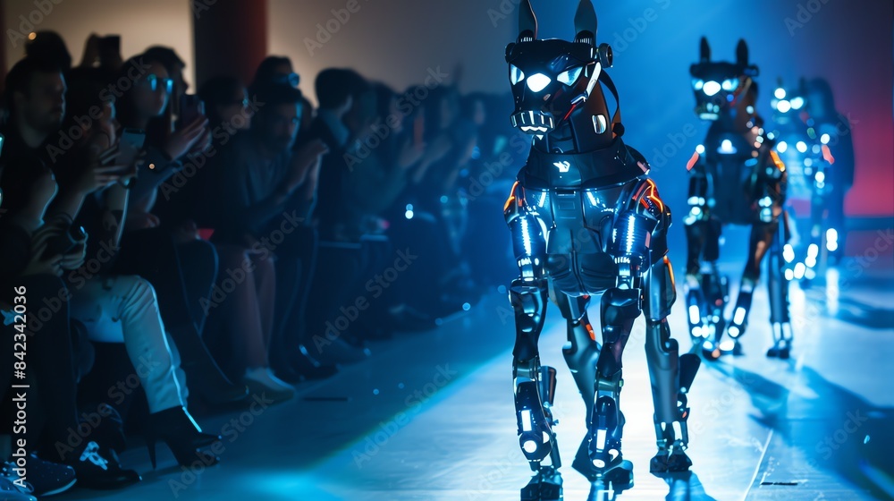 A robot dog with white and black colors is walking on all fours in a ...