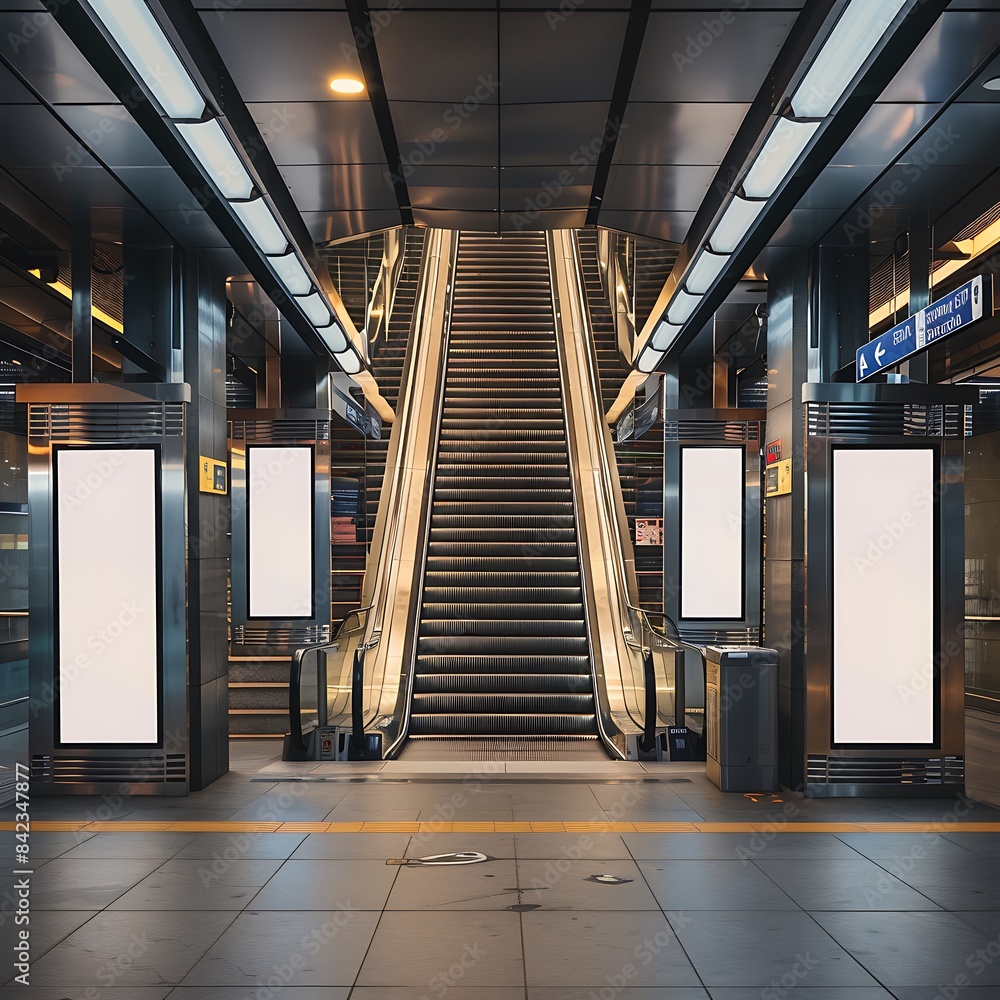 Ultra-wide ad poster on multiple columns beside a subway station ...