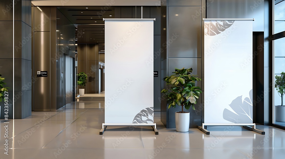 Corporate office setting with compact twin blank roll-up standee ...