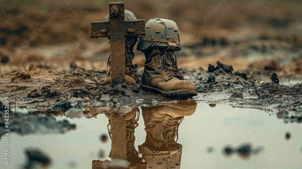 A muddy battlefield with a fallen soldier's helmet, boot, and a cross ...