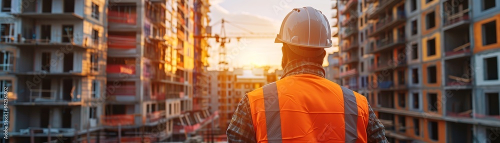 Foto de Construction worker in a safety vest and helmet surveying an ...