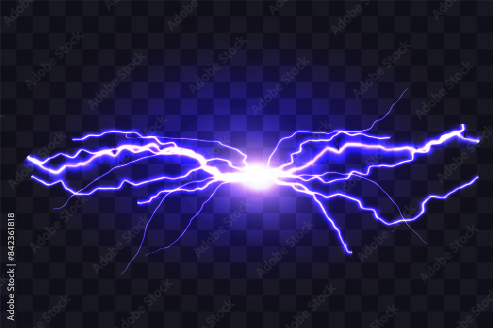 Electric discharge. Purple lightning isolated on transparent background ...