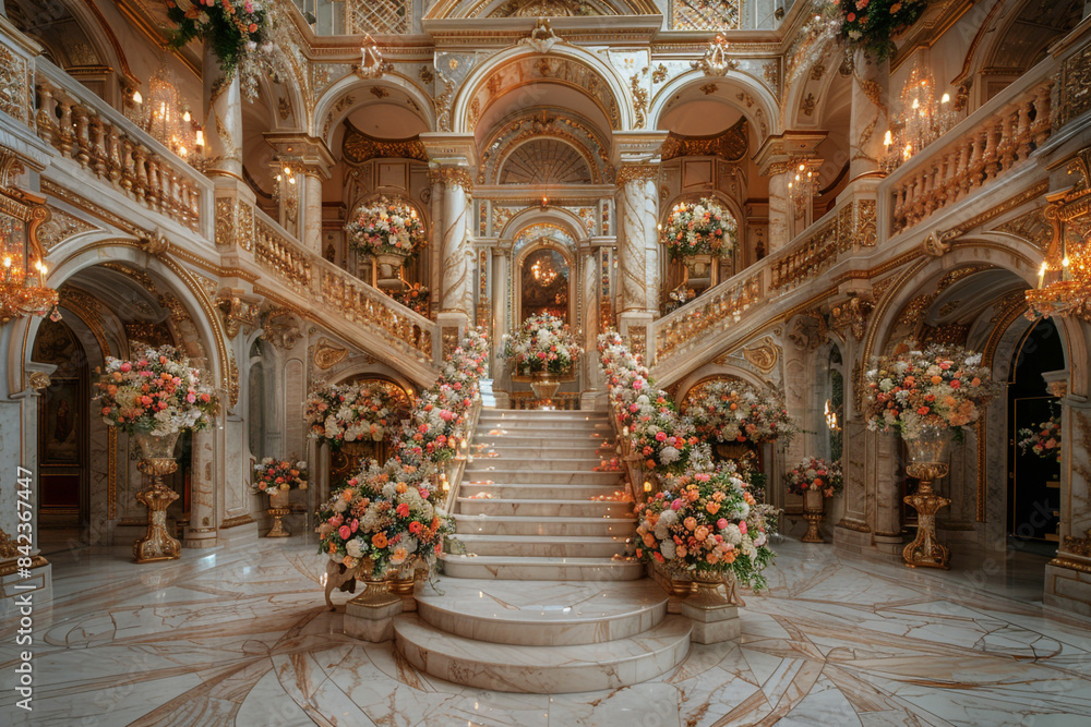 A grand wedding hall entrance, featuring a grand staircase, arched ...