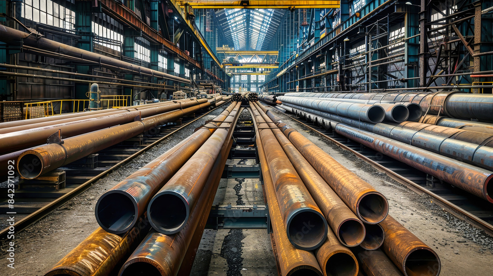 Rows of steel pipes stacked in an industrial warehouse with natural ...