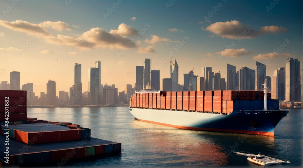 Rendering of a container ship entering a port amidst tall skyscrapers ...