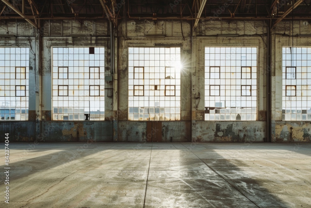 An industrial warehouse featuring large windows that allow natural ...