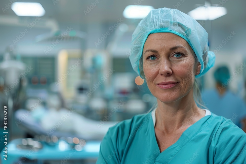 Confident surgeon in scrubs and surgical cap standing in operating room ...
