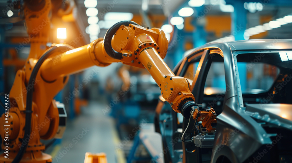 On an assembly line in a car factory, a robotic hand accurately places ...