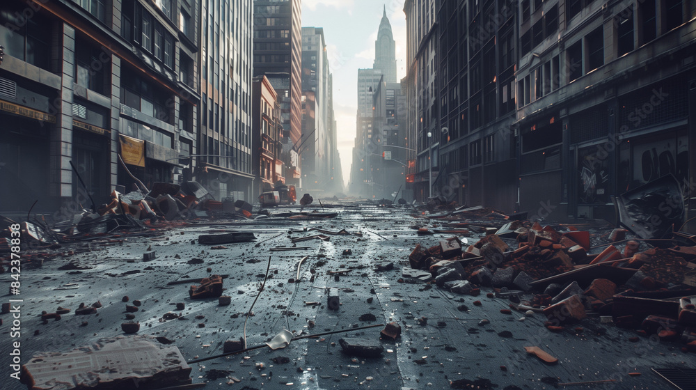 Empty street in a destroyed city. The apocalyptic landscape of the city ...