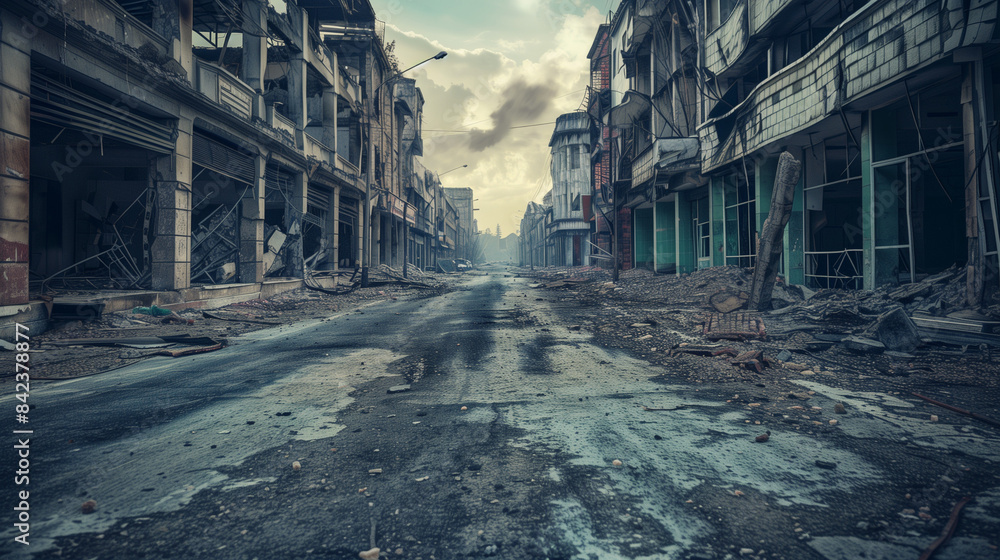 Empty street in a destroyed city. The apocalyptic landscape of the city ...