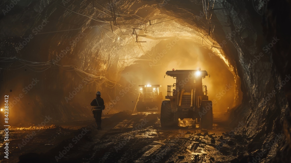 Underground mine scene, blurred figures of miners using heavy machinery ...