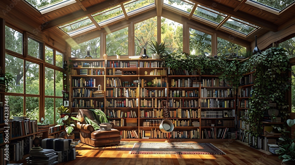 A sunroom with a cozy reading nook, filled with bookshelves, a ...