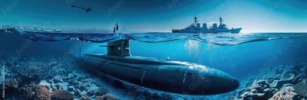 Underwater view of a submarine in the sea with a military ship in the ...