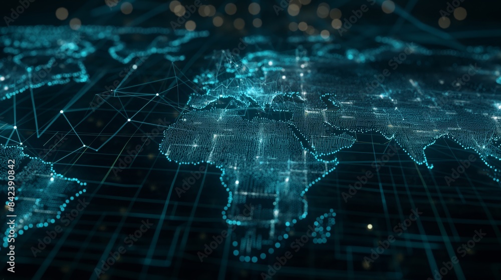 Digital world map with interactive nodes and connection lines on a grid ...