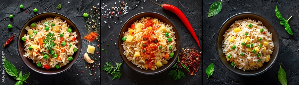 Top view collage of Chinese fried rice varieties, including yangzhou ...