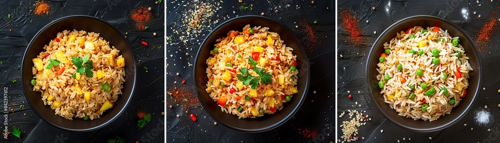 Top view collage of Chinese fried rice varieties, including yangzhou ...