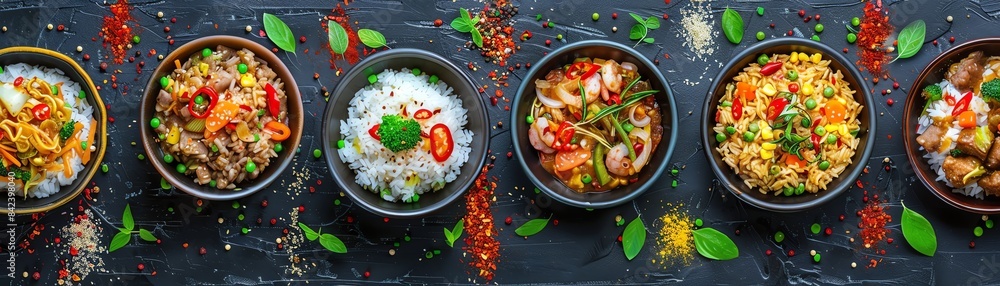 Top view collage of different types of Chinese noodles, including chow ...