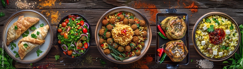 Top view collage of Egyptian cuisine, featuring koshari, falafel, and ...