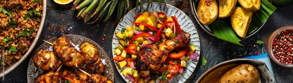 Top view collage of Jamaican cuisine, showcasing jerk chicken, ackee ...