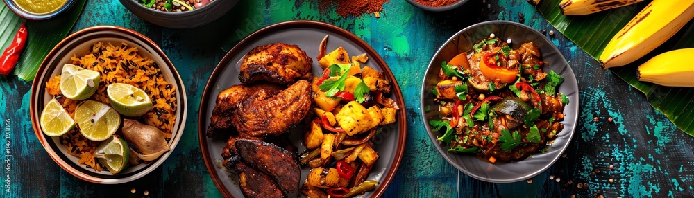Top view collage of Jamaican cuisine, showcasing jerk chicken, ackee ...