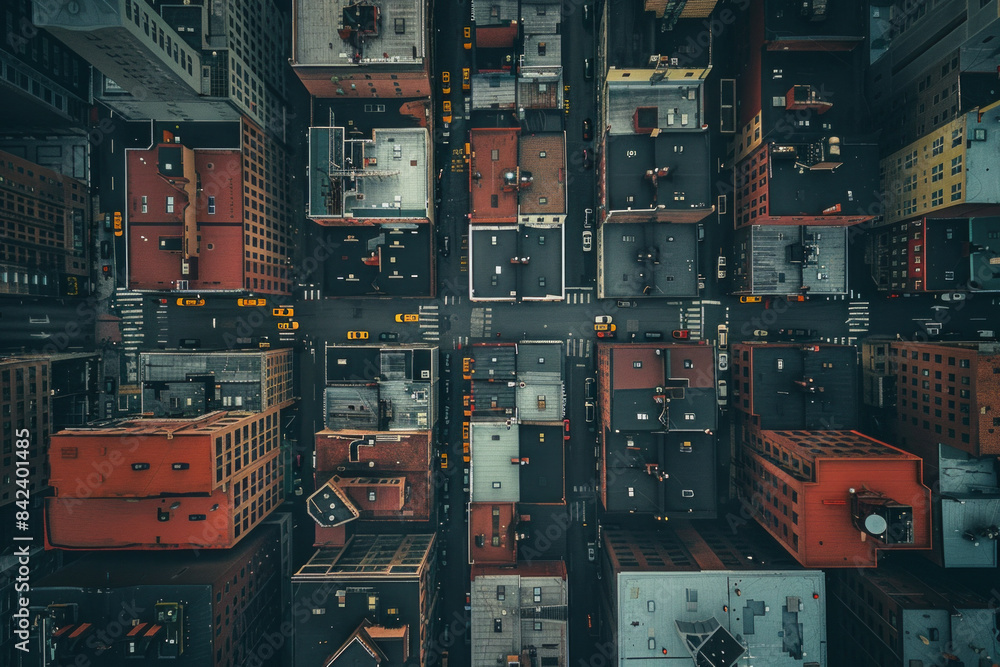 Top-down aerial view of urban rooftops, emphasizing the repetitive ...