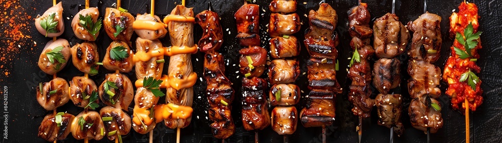 Top view of a Japanese izakaya table filled with assorted yakitori ...