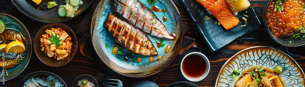 Top view of a Japanese izakaya table with a variety of rice dishes ...