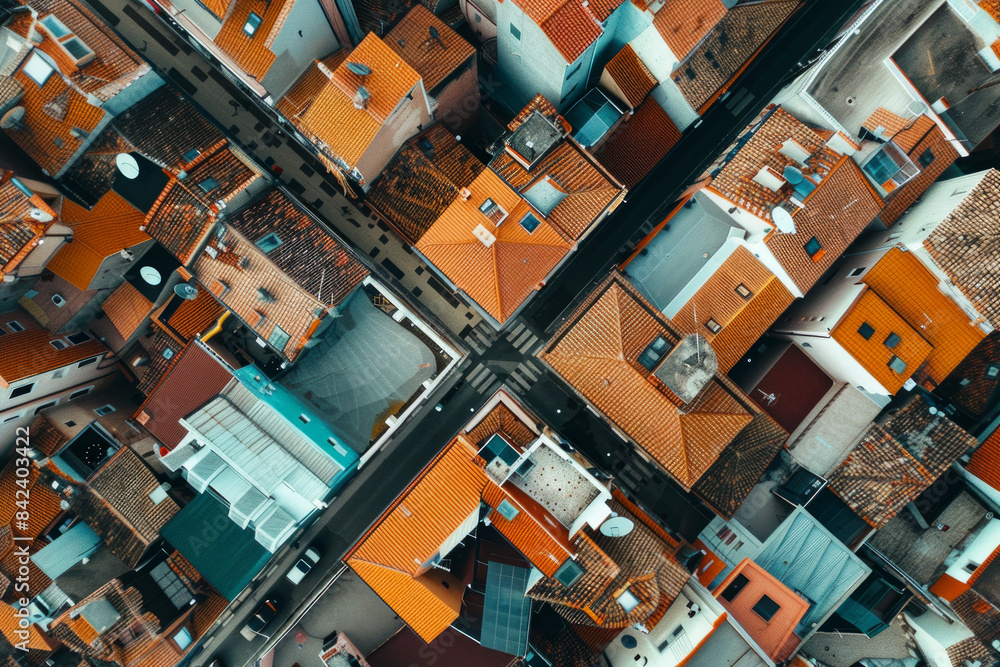 Top-down aerial view of urban rooftops, emphasizing the repetitive ...