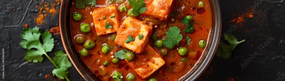 Top view of a serving of matar paneer, featuring peas and paneer in a ...