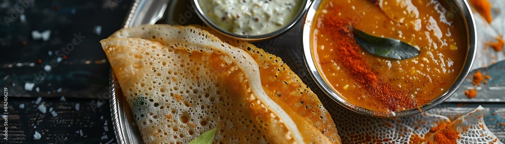 Top view of a traditional dosa with a side of coconut chutney and ...