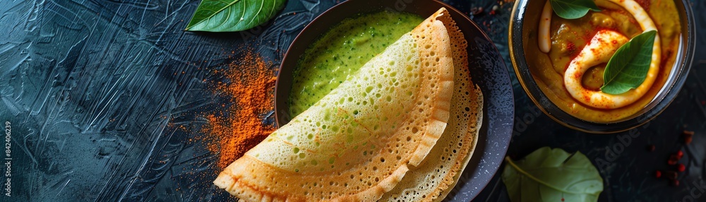 Top view of a traditional dosa with a side of coconut chutney and ...